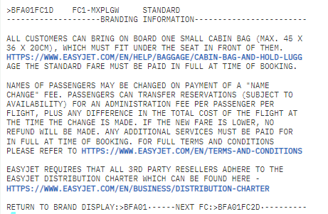 Branded fares information