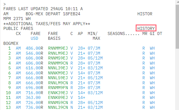 Historical fare display